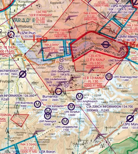 Switzerland wall chart | VFR ICAO chart with mountain aerodromes
