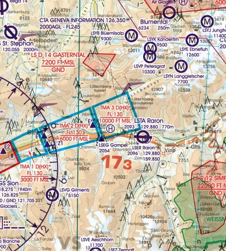 Switzerland wall chart | VFR ICAO chart with mountain aerodromes